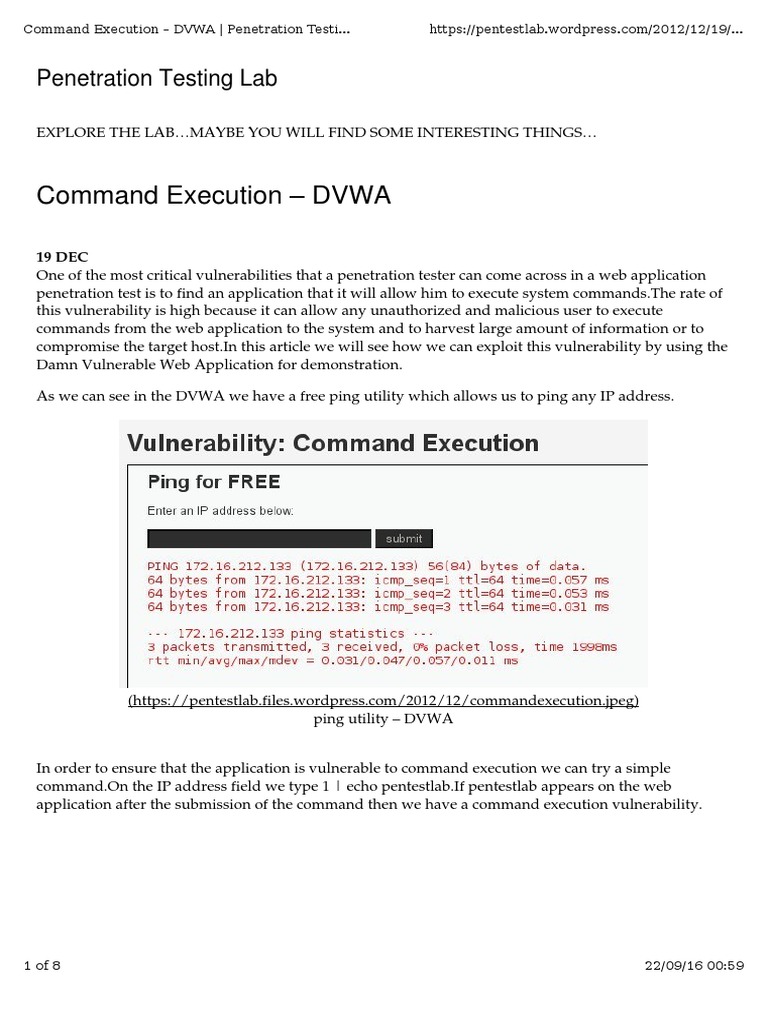 Command Execution - DVWA: Penetration Testing Lab | PDF