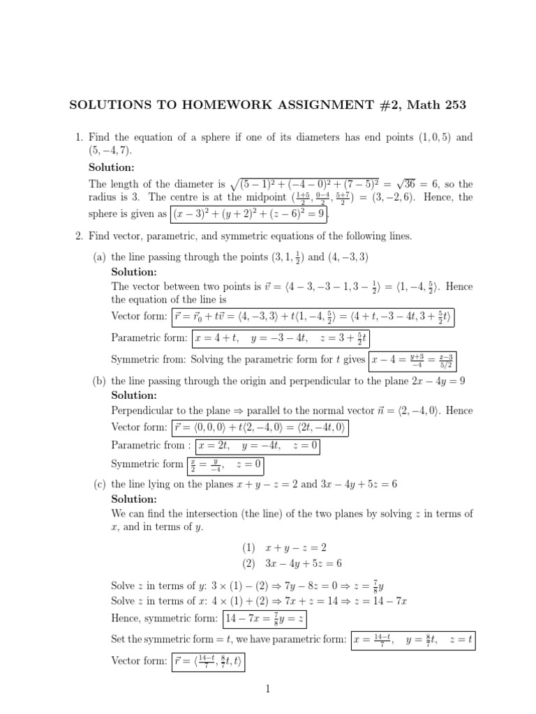 Solutions To Homework Assignment #2, Math 253 | PDF | Plane (Geometry ...