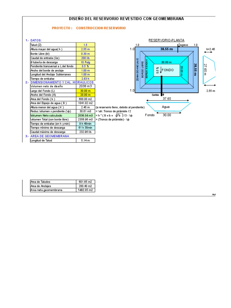 Hoja Calculo de Reservorio de Geomembrana | PDF