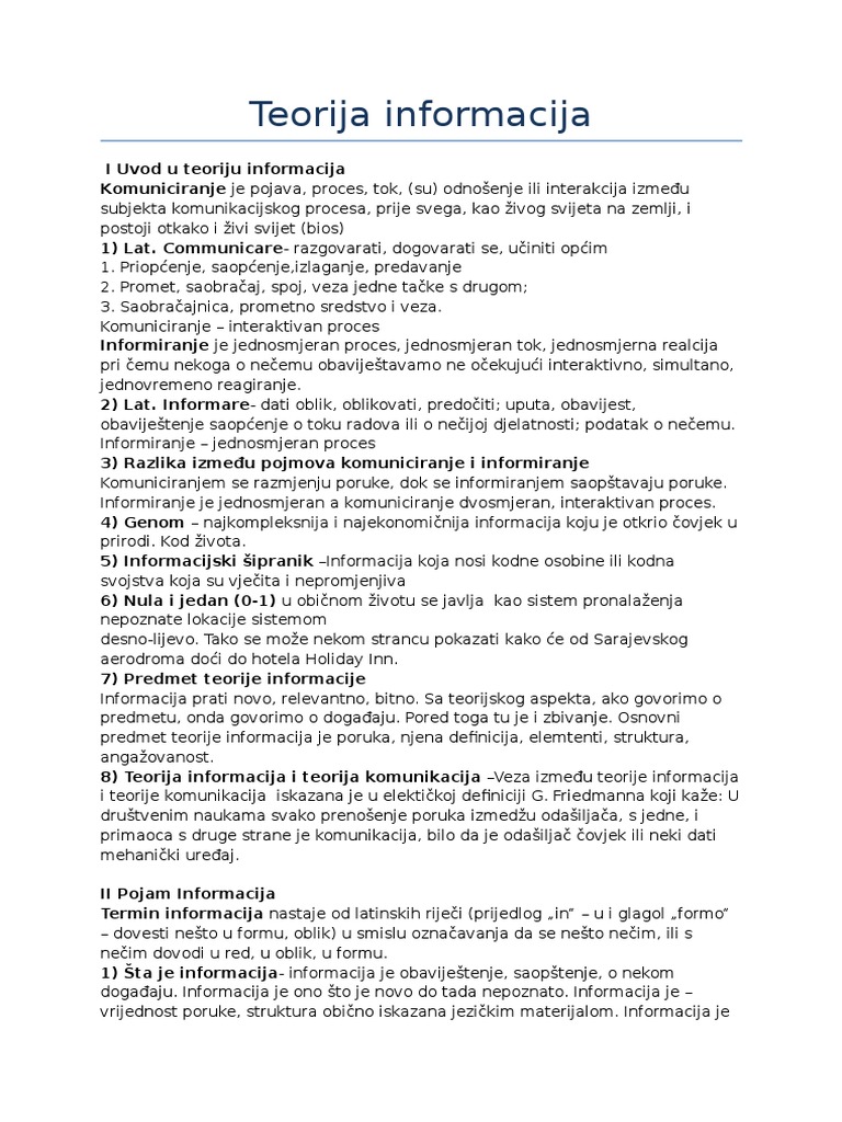 Teorija Informacija Skripta Po Knjizi | PDF