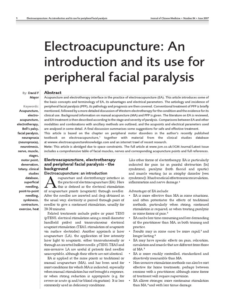 Electro-Acupuncture - An Introduction and Its Use For Peripheral Facial ...