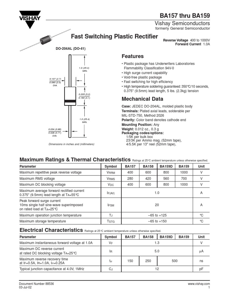 Diode Ba157 - BA159 (Data Sheet) | Download Free PDF | Rectifier ...