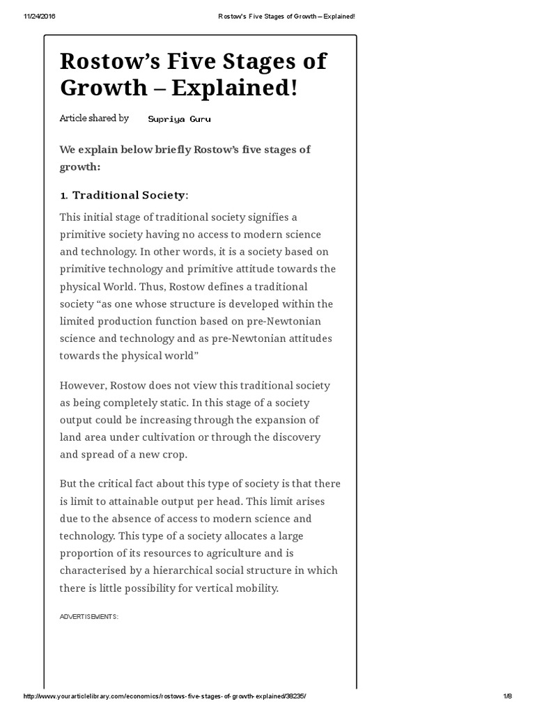 Rostow's Five Stages of Growth – Explained! | Economic Growth | Society