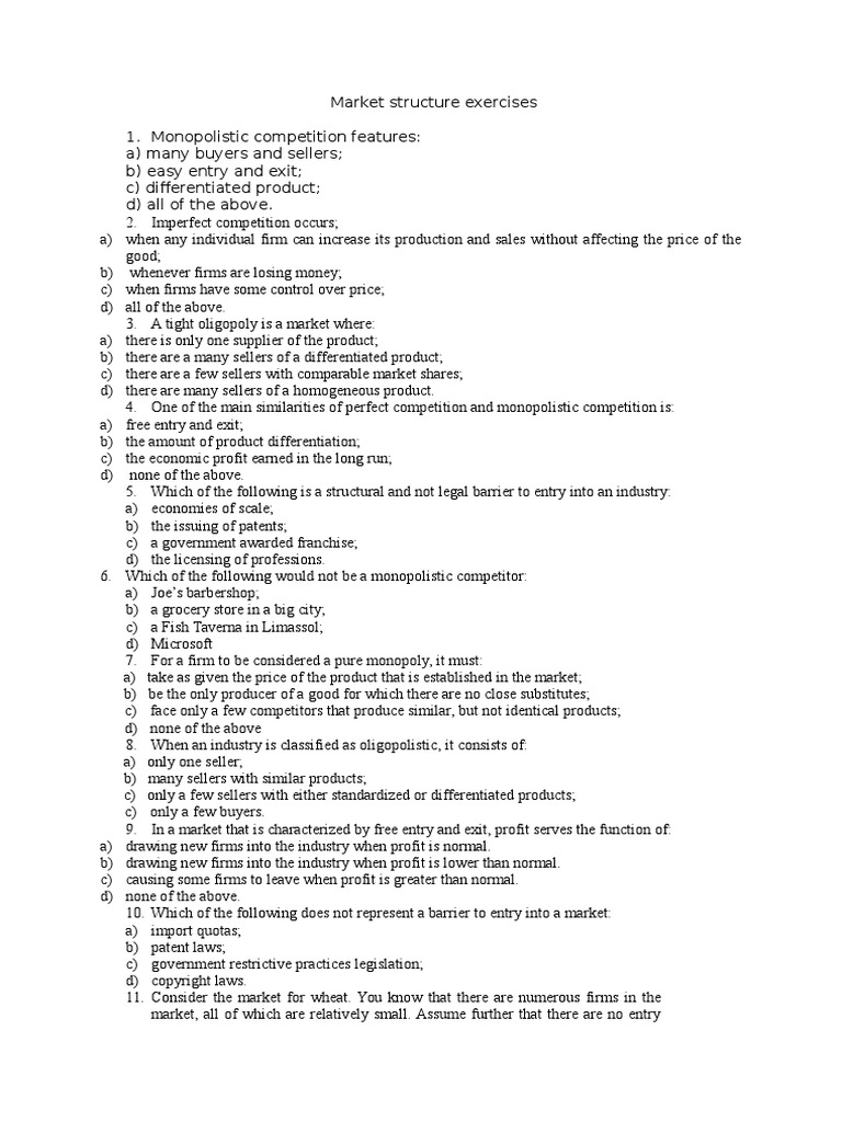 Market Structure Exercises | PDF | Monopoly | Oligopoly