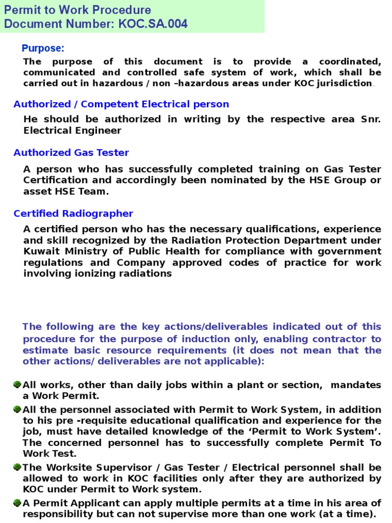 KOC SA 004 Permit To Work Procedure | PDF