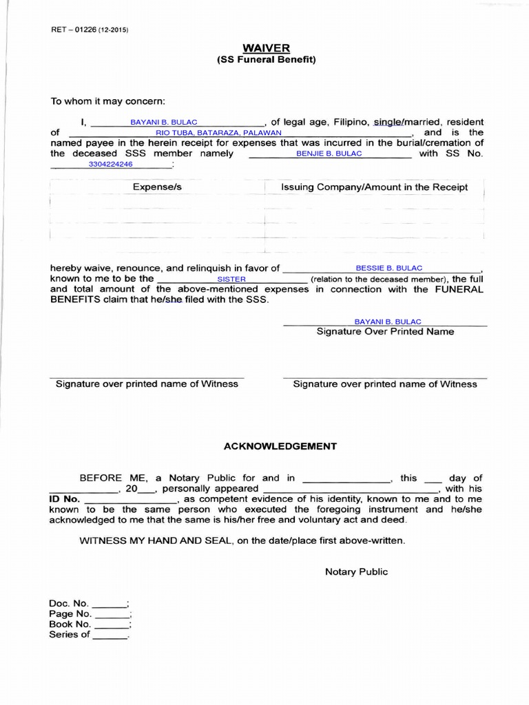 Waiver Funeral Benefit Ret01226 | PDF