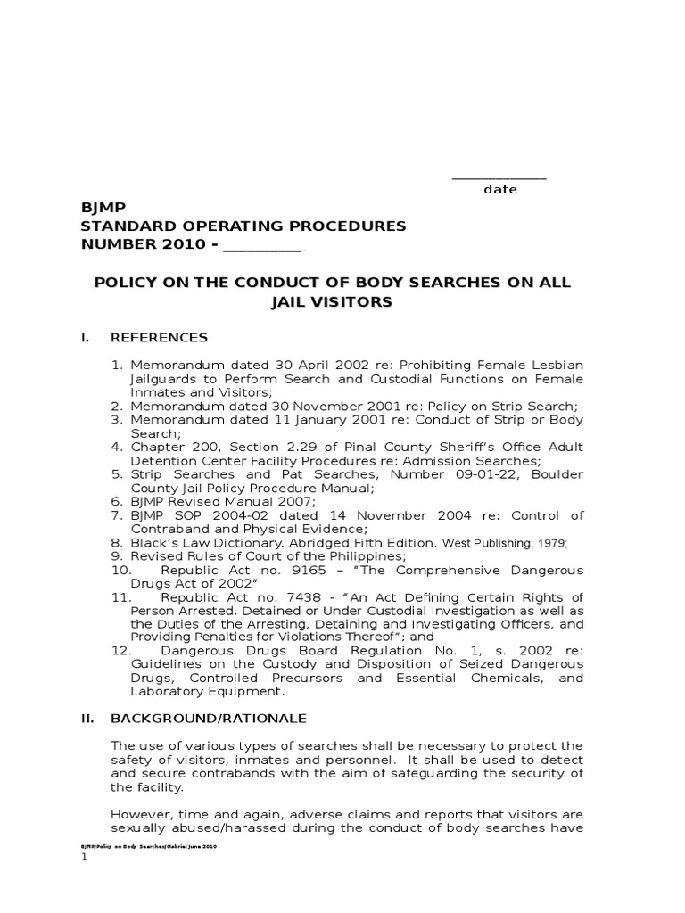 BJMP Policy On Body Search-Draft | PDF | Search Warrant | Arrest