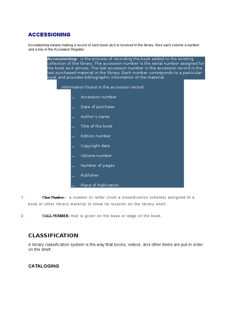 Accessioning: Accessioning-Is The Process of Recording The Book Added ...