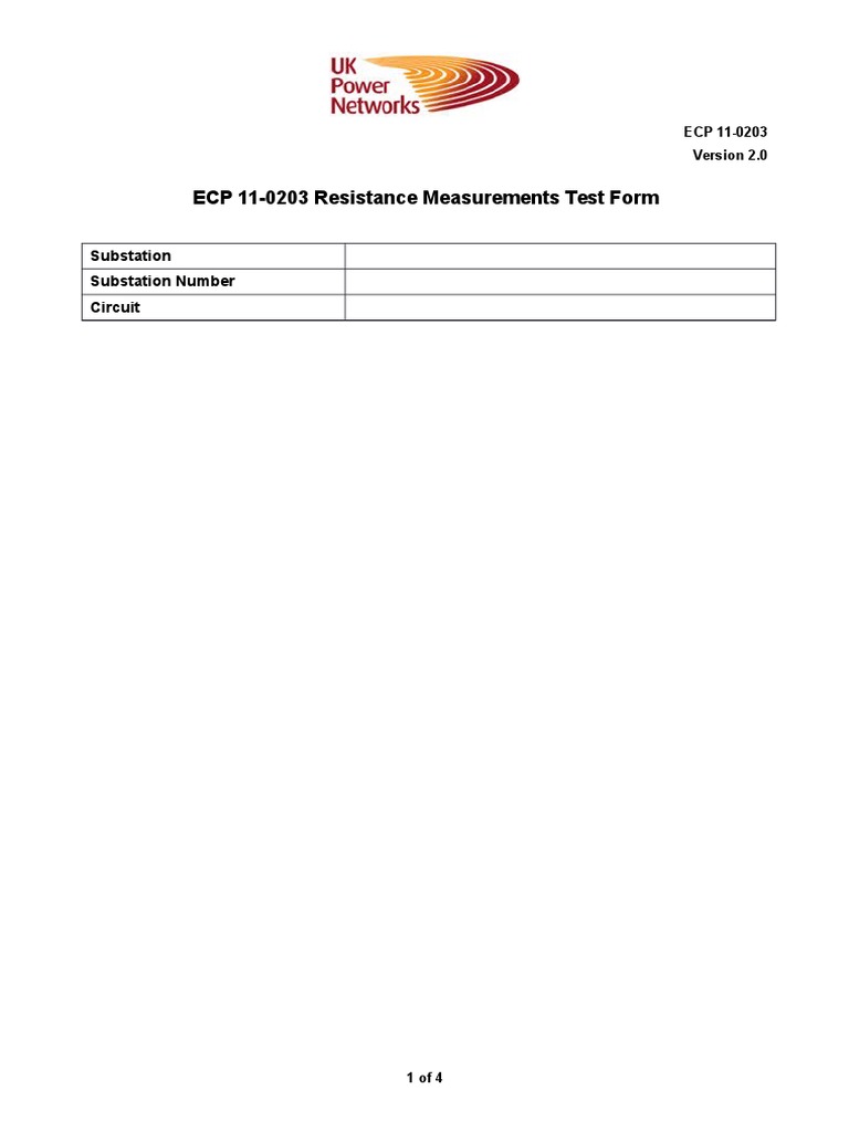 ECP 11-0203 Resistance Measurements Test Form: Substation Substation ...