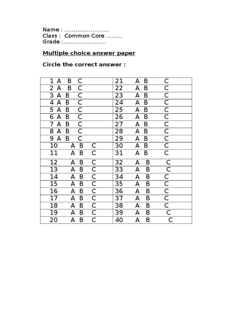 Multiple Choice Answer Paper Circle The Correct Answer:: Name: Class ...