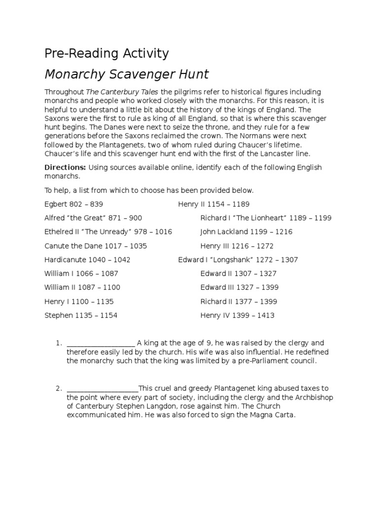 Monarchy Scavenger Hunt | PDF | Kingdom Of England | House Of Plantagenet