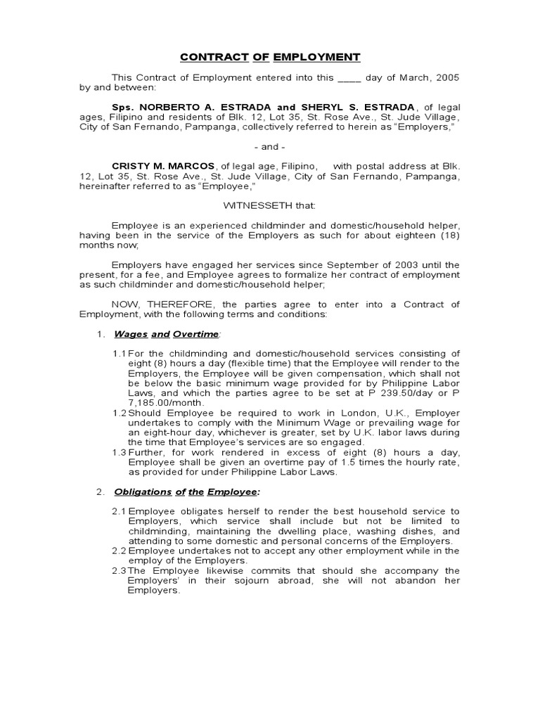 CONTRACT of EMPLOYMENT (for Househelp Going Abroad1) | Overtime | Wage