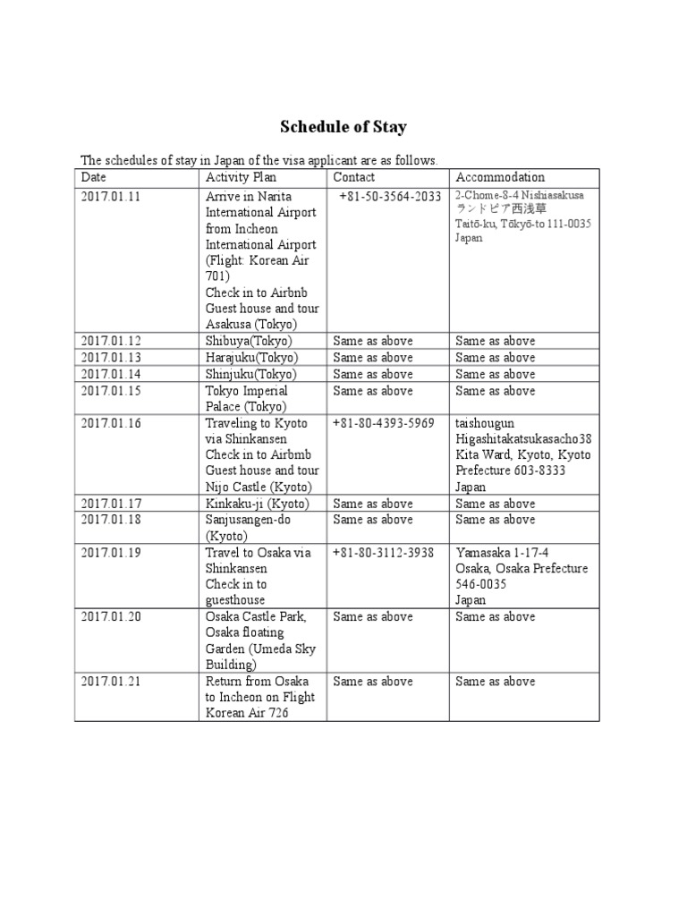 Japan Visa Applicant Stay Schedule | PDF