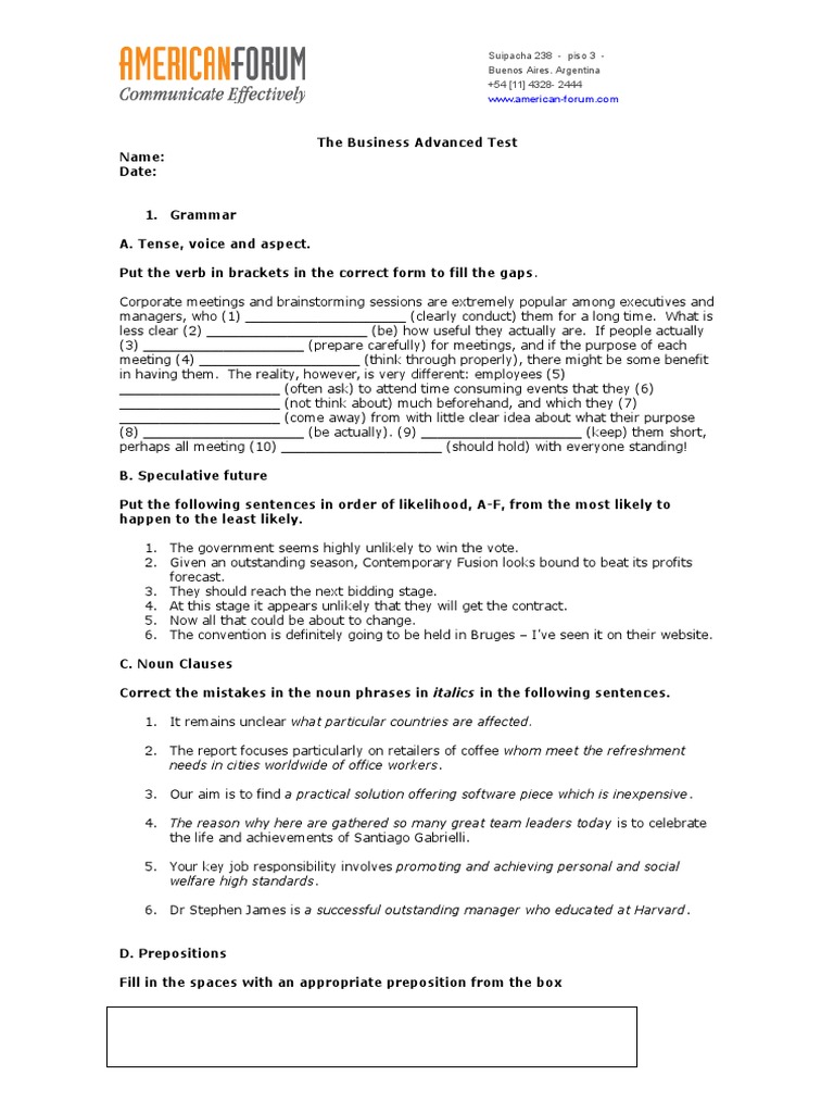 Advanced Test | PDF | Preposition And Postposition | Sentence (Linguistics)