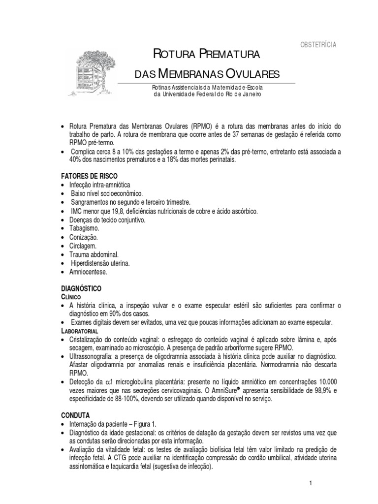 Rotura Prematura Das Membranas Ovulares | PDF | Parto | Gravidez Rotura Prematura Das Membranas Ovulares | PDF | Parto | Gravidez