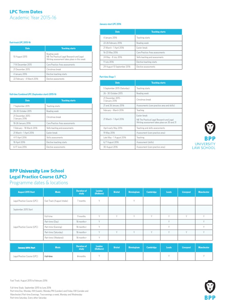 BPP LPC Start Datesv2 | PDF | Workweek And Weekend | Further Education