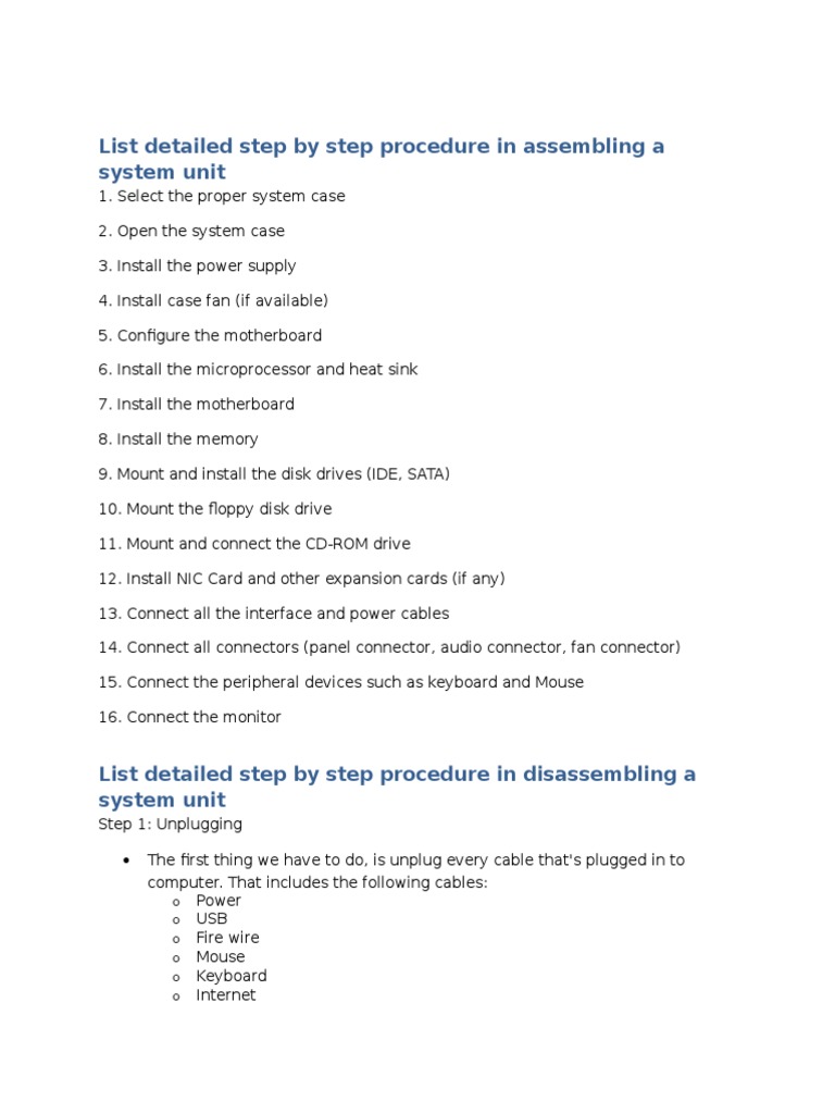 List Detailed Step by Step Procedure in Assembling A System Unit | PDF ...