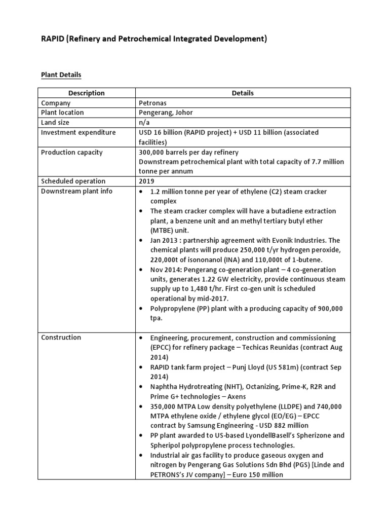 RAPID Project: Petronas Refinery Details | PDF | Technology & Engineering