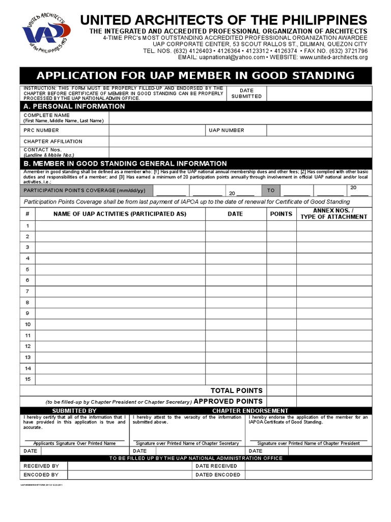 Application Form for Uap Member in Good Standing Certificate | Architect | Identity Document