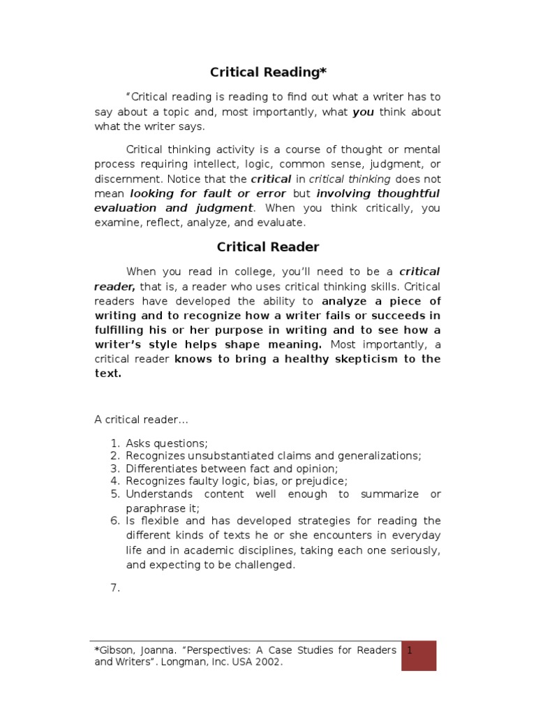 Critical Reading | PDF | Critical Thinking | Reading (Process)