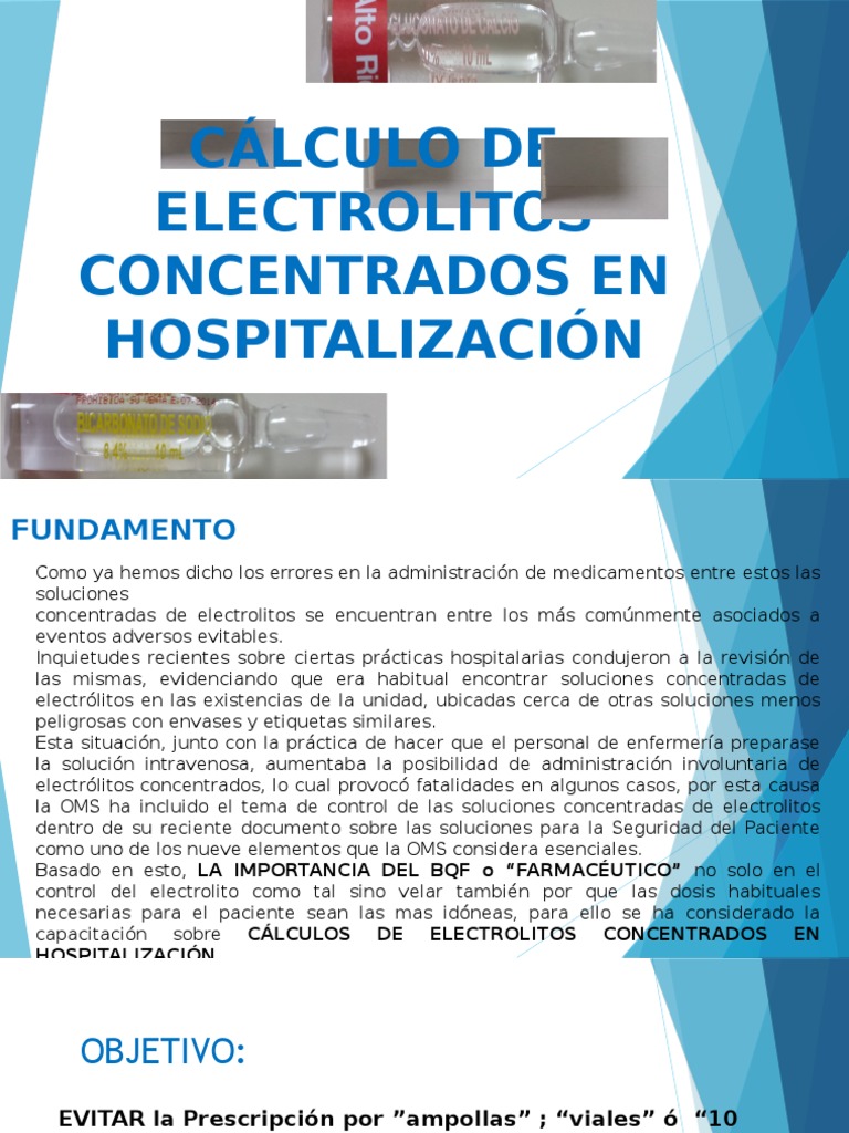 Cálculo de Electrolitos Concentrados en Hospitalización | PDF | Electrólito | Medicamentos con ...