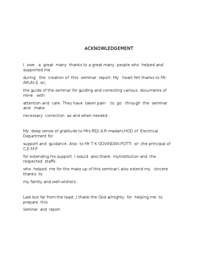Acknowledgement: Seminar and Report | PDF | Technology & Engineering
