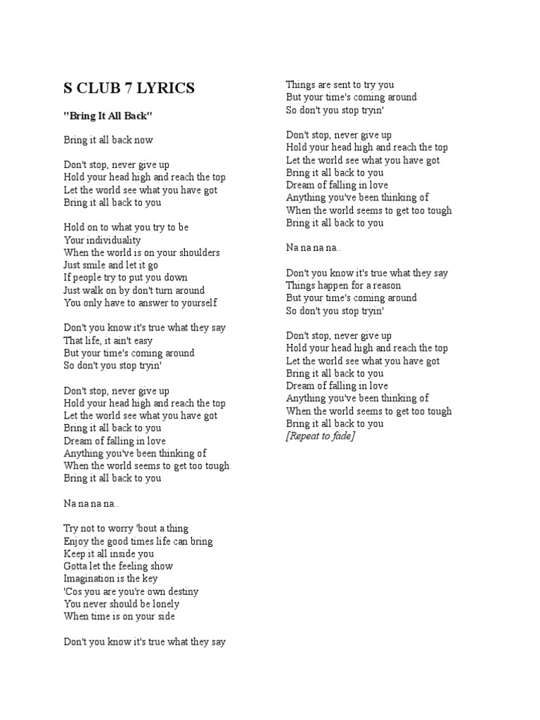 S Club 7 Lyrics: "Bring It All Back" | PDF