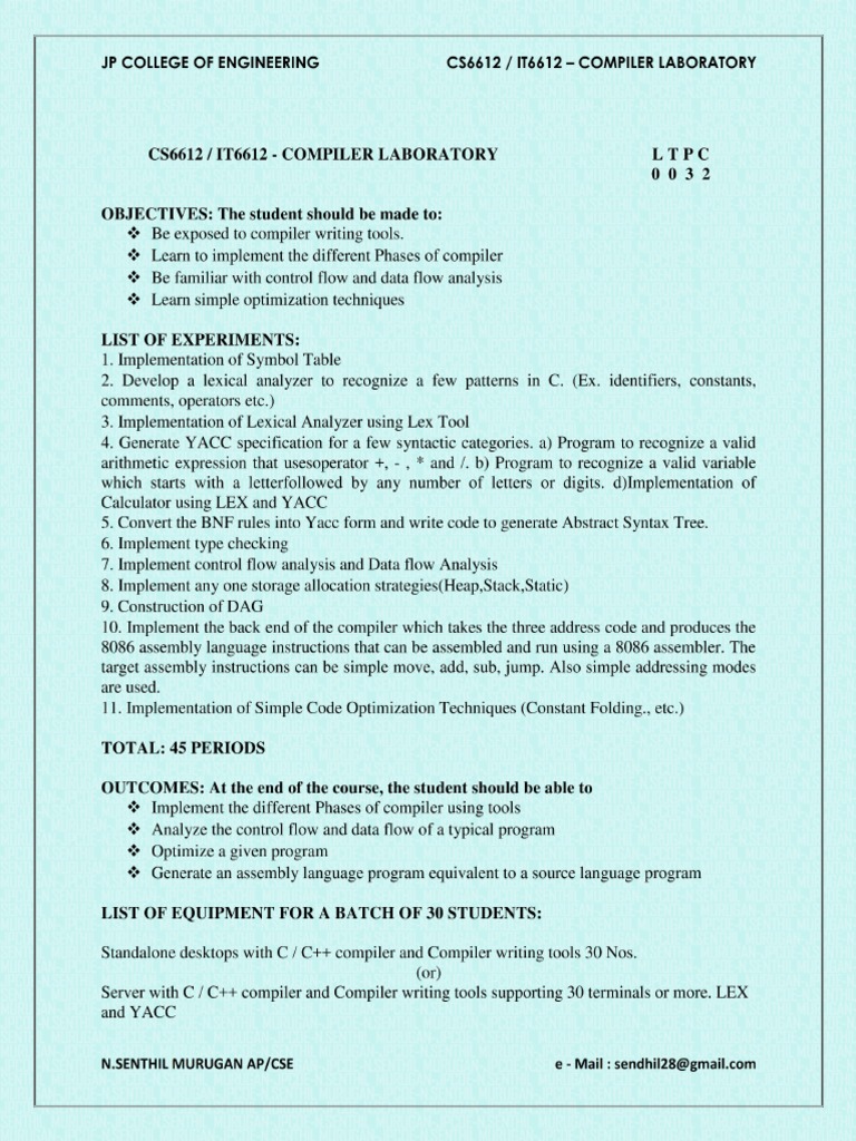 CS6612 Compiler Lab Manual | PDF