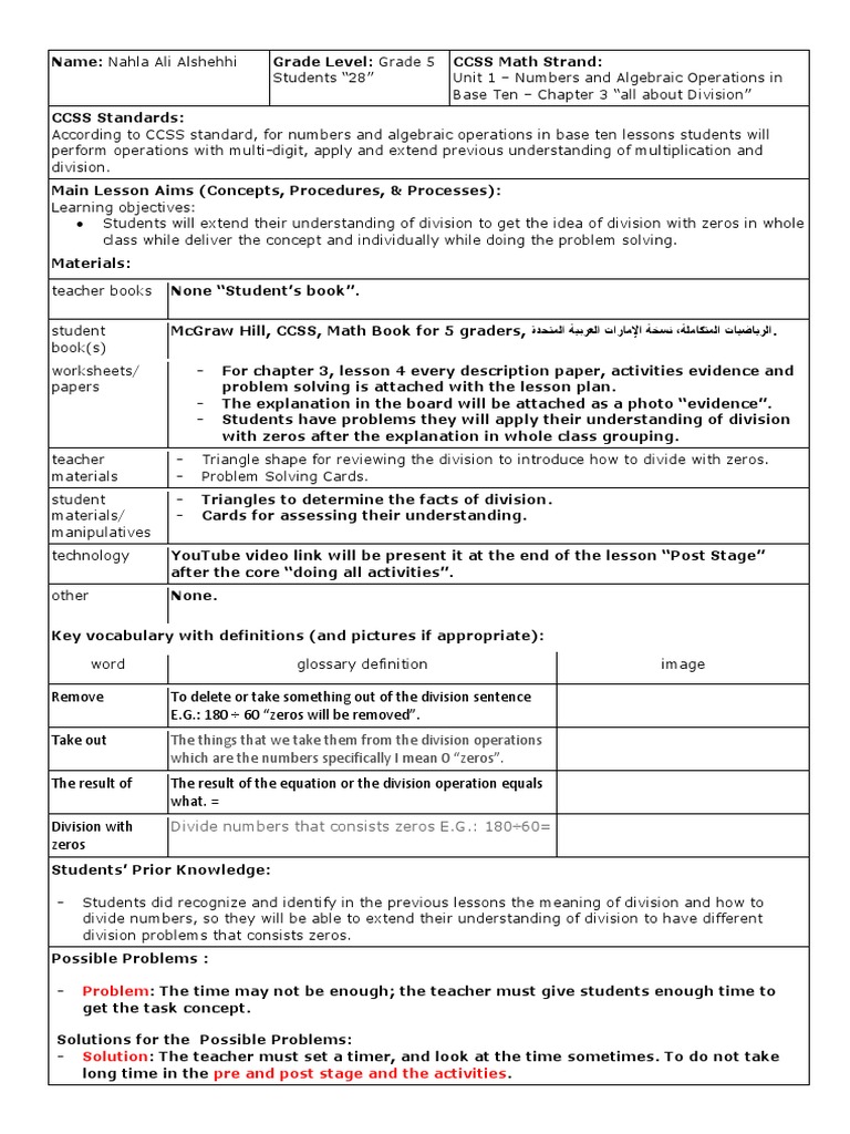 Division With Zeros Lesson Plan | PDF | Lesson Plan | Teaching