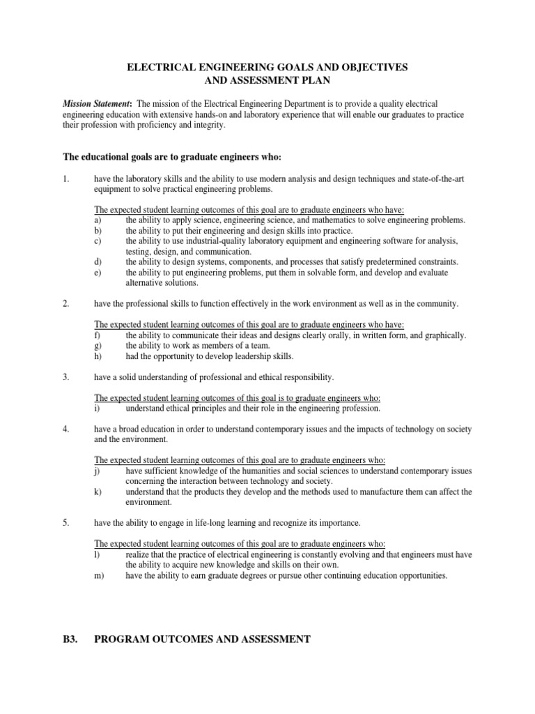 Electrical Engineering Goals and Objectives and Assessment Plan | PDF ...