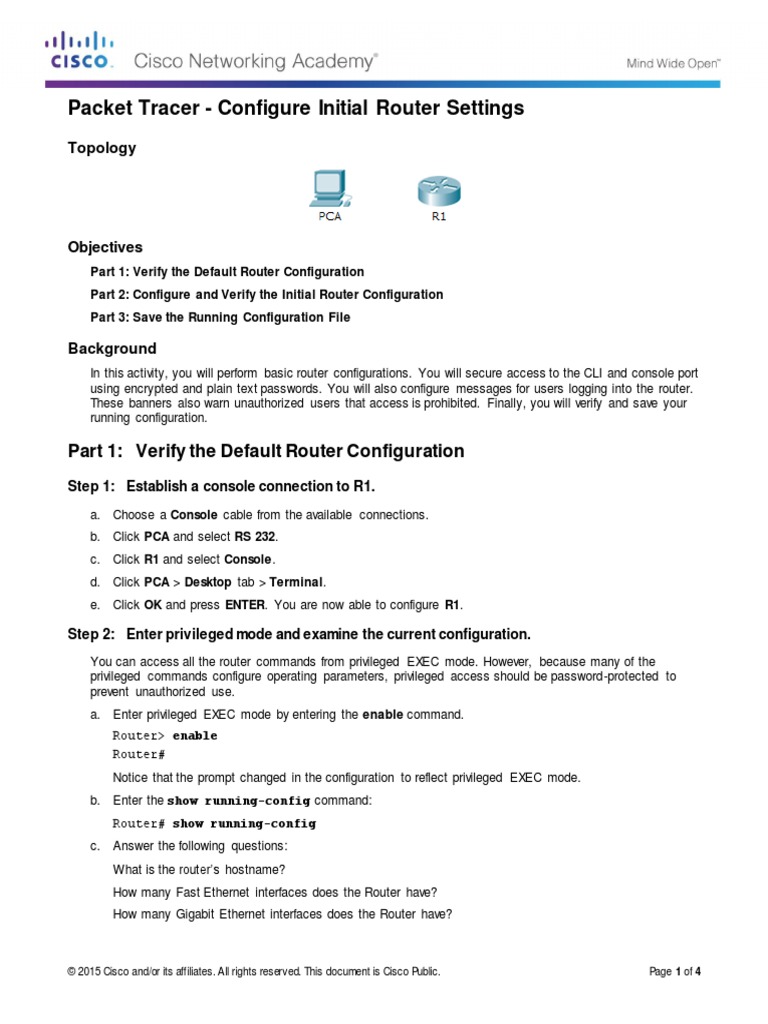 6.4.1.3 Packet Tracer - Configure Initial Router Settings PDF | PDF | Command Line Interface ...