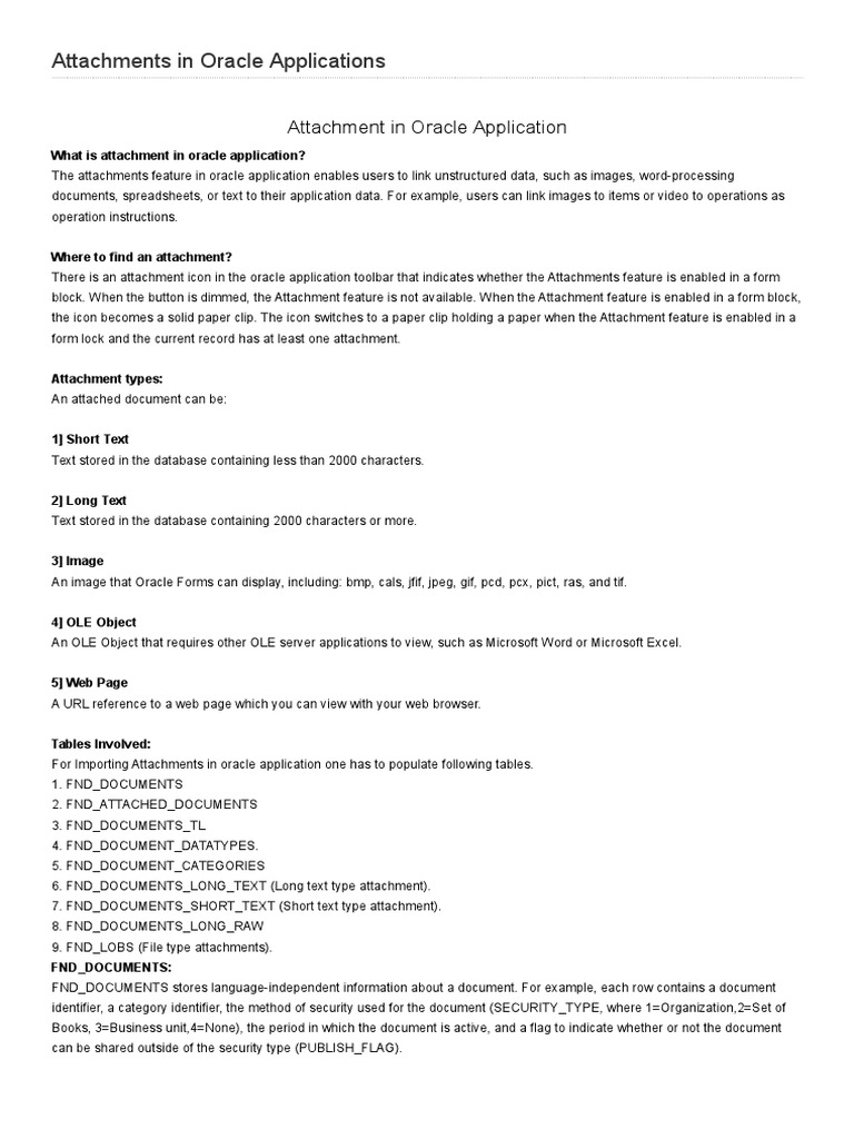 Attachments in Oracle Applications | PDF | Oracle Database | Databases