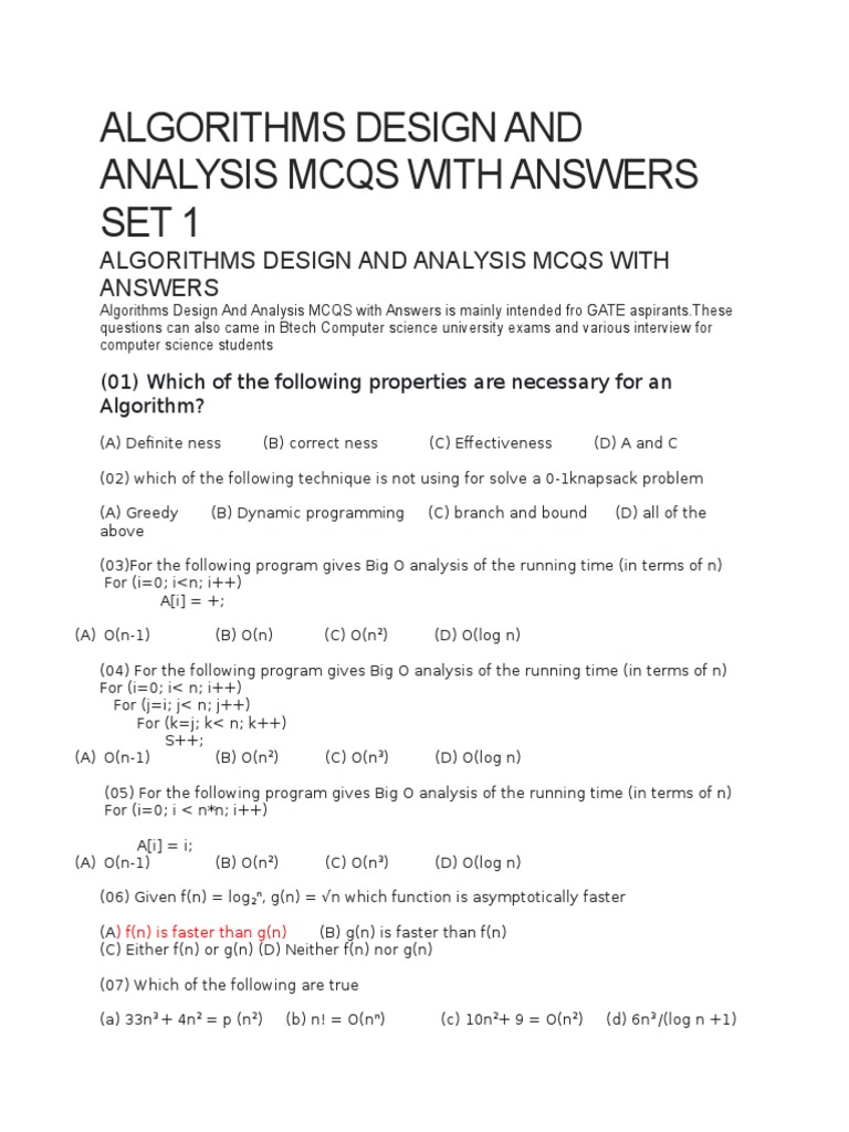 Algorithms Design And Analysis Mcqs With Answers Set 1 Pdf Theoretical Computer Science