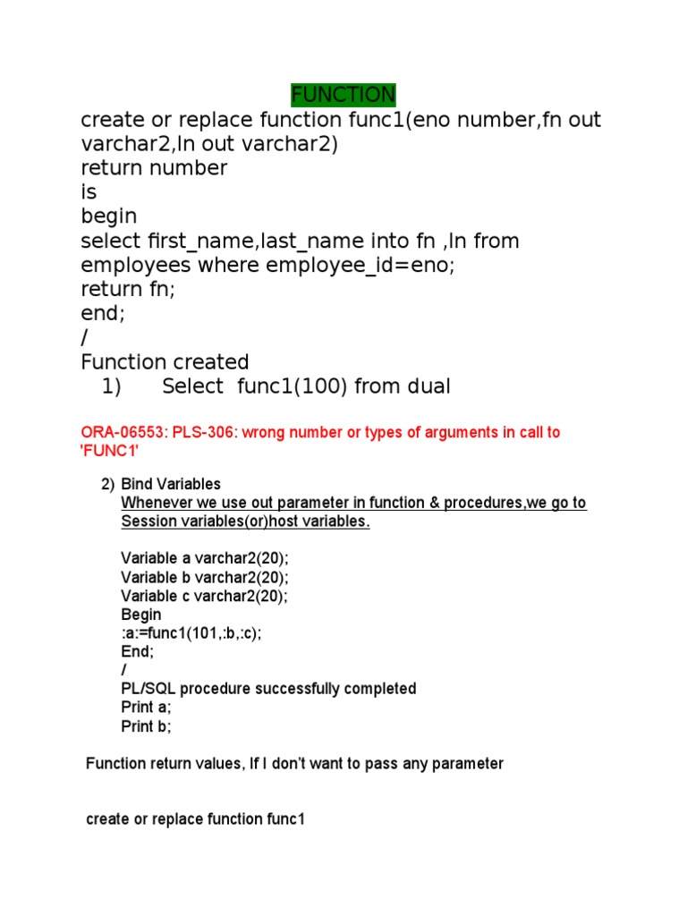 ORA-06553: PLS-306: Wrong Number or Types of Arguments in Call To 'FUNC1' | PDF | Parameter ...