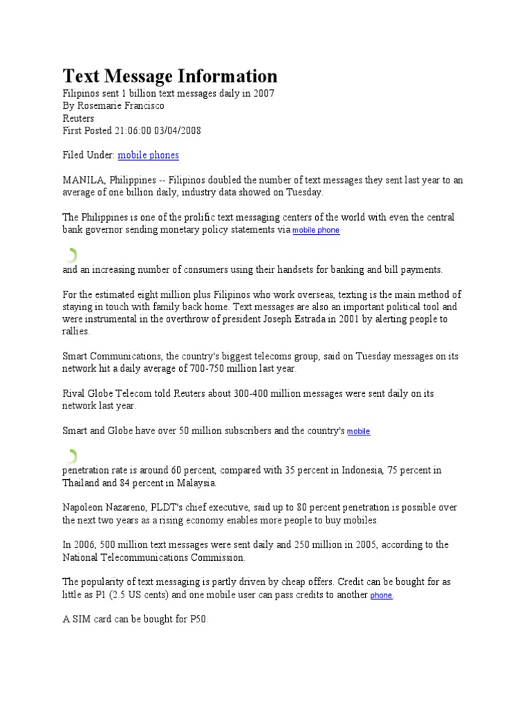 Text Message Information | PDF | Text Messaging | Mobile Phones