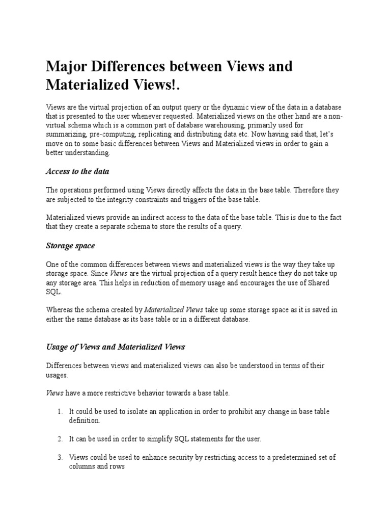 Major Differences between Views and Materialized Views | PDF | Sql | Table (Database)
