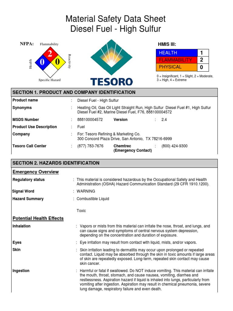 Material Safety Data Sheet Diesel Fuel - High Sulfur: Nfpa: Hmis Iii ...