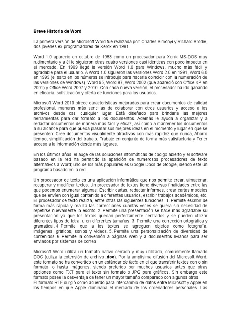 Breve Historia de Word | Descargar gratis PDF | Microsoft Word | Áreas ...
