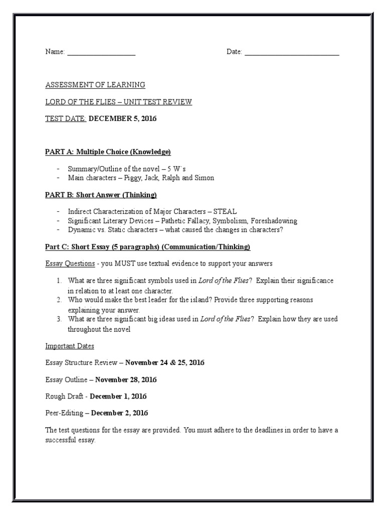 Lord of the Flies Unit Test Review Guide | PDF