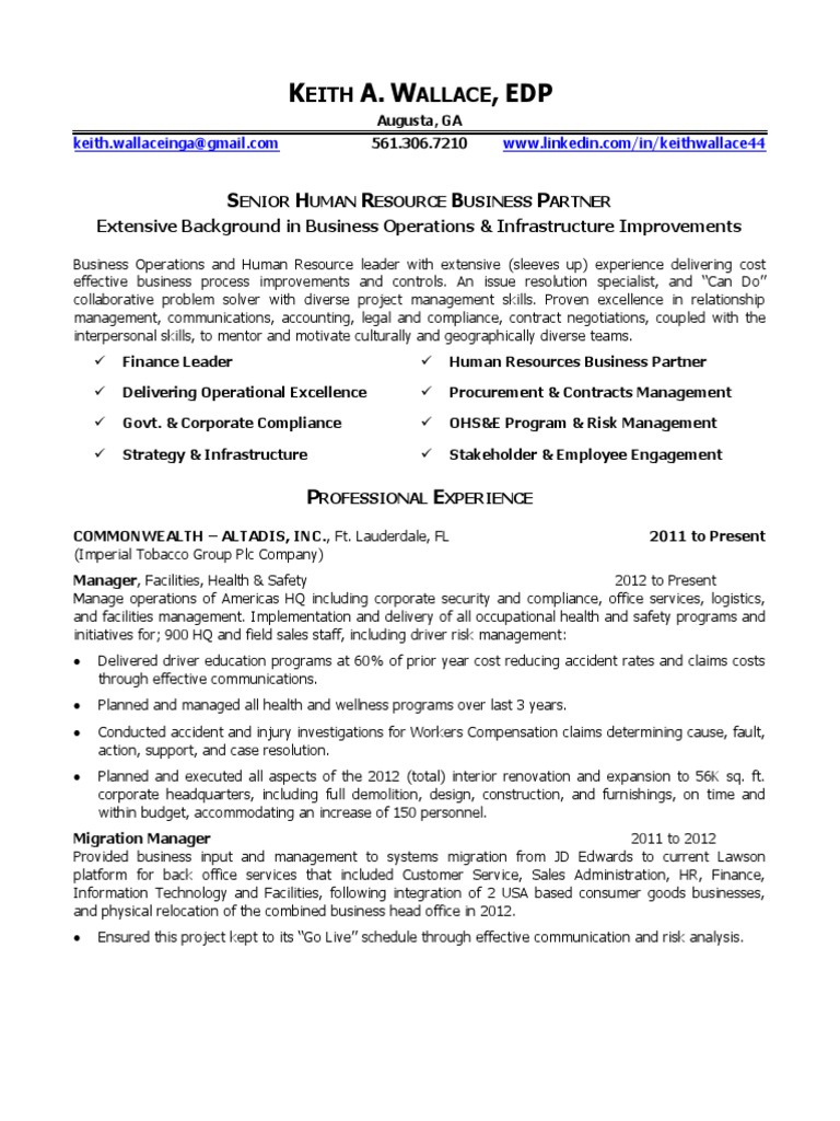 Senior HR Business Partner in Augusta GA Resume Keith Wallace | Payroll ...