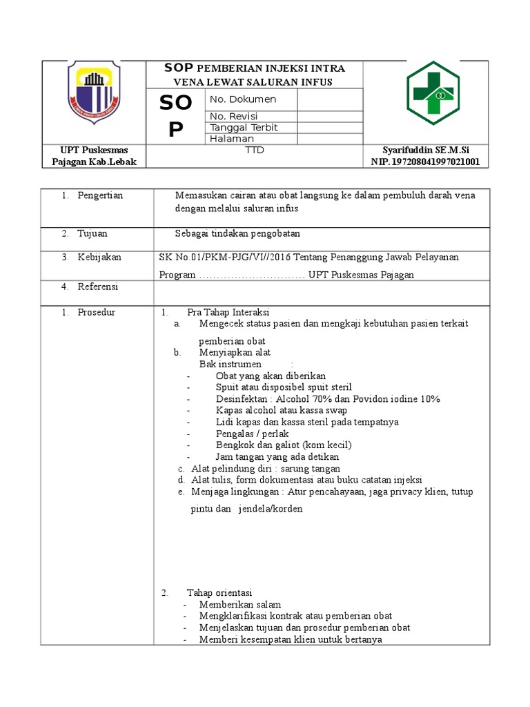 Sop Pemberian Injeksi Intra Vena Lewat Saluran Infus | PDF