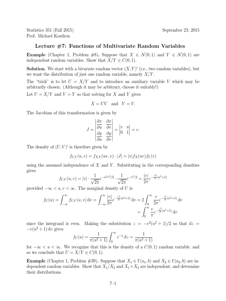 Lecture #7: Functions of Multivariate Random Variables | Download Free PDF | Variable ...