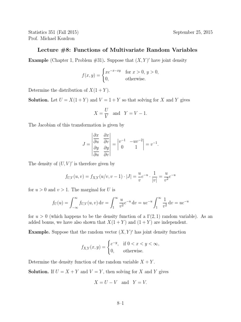 Lecture #8: Functions of Multivariate Random Variables | PDF | Science & Mathematics