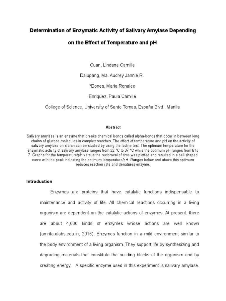Determination of Enzymatic Activity of Salivary Amylase Depending On ...
