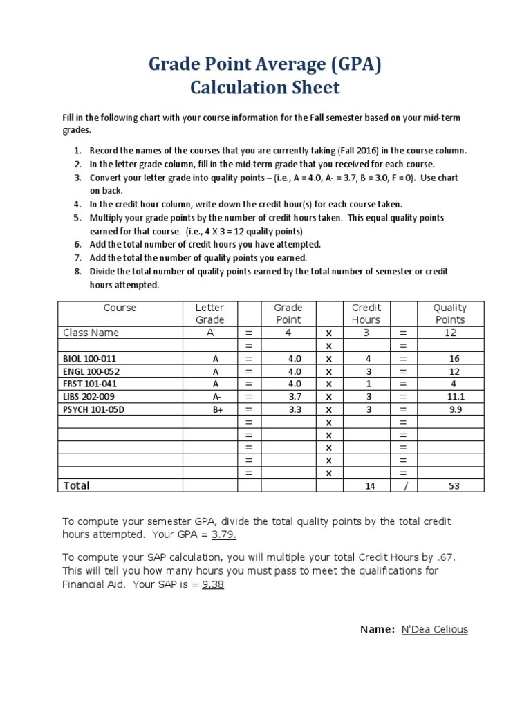 Grade Point Average (GPA) Calculation Sheet | PDF