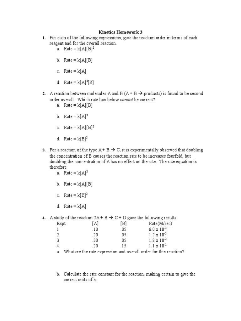 Kinetics Homework 3: Determining Reaction Orders, Rate Laws, and Rate ...
