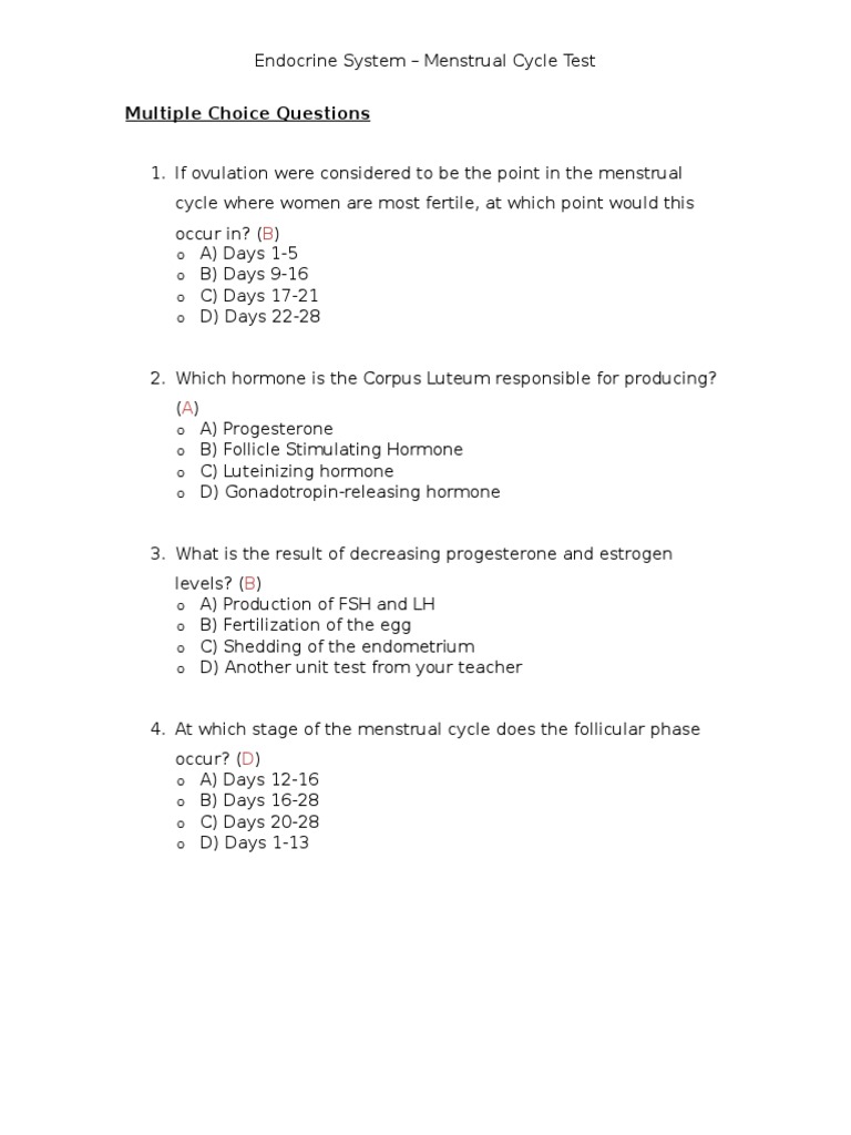 Understanding the Female Menstrual Cycle: A Multiple Choice and Short ...