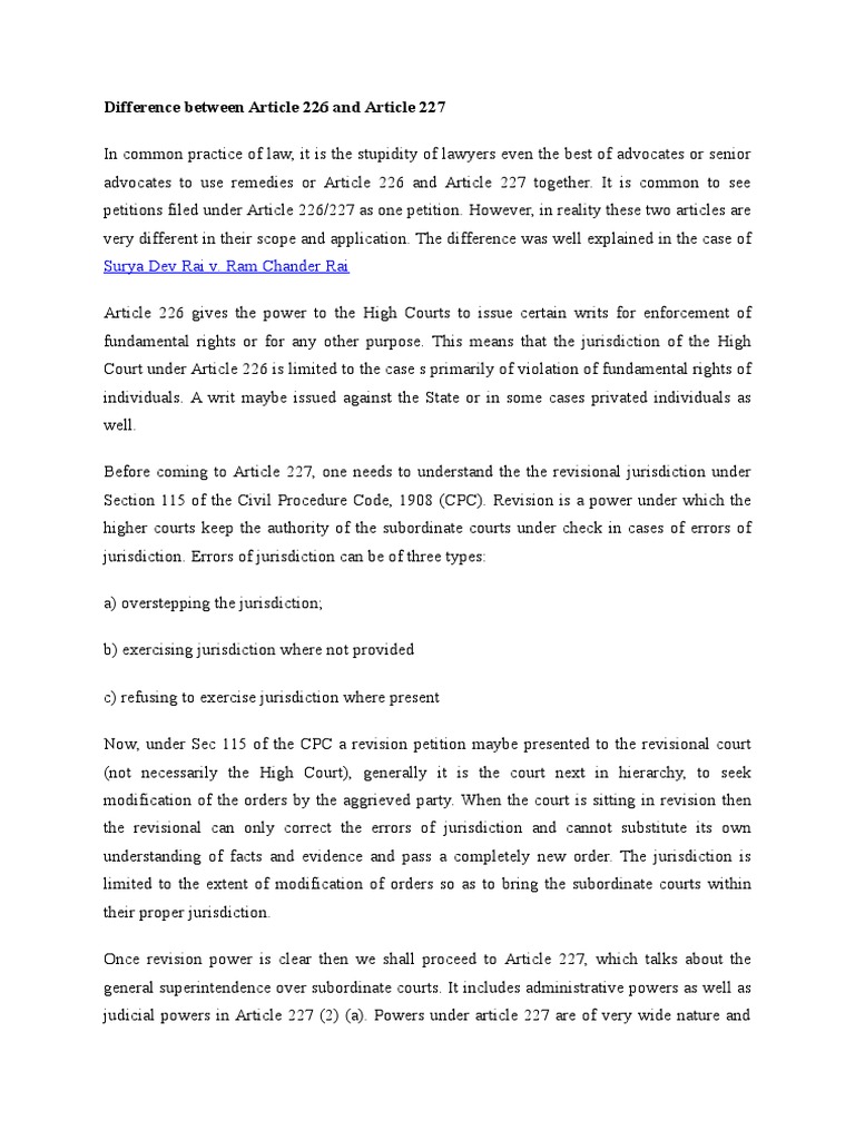 Difference Between Article 226 and Article 227 | PDF | Certiorari ...