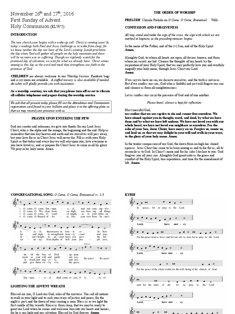 November 26 and 27, 2016 First Sunday of Advent Holy Communion | PDF ...