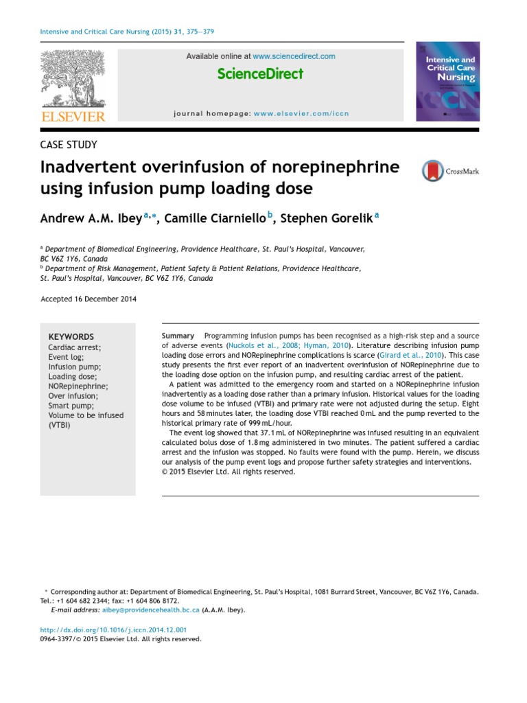 Inadvertent Overinfusion of Norepinephrine Using Infusion Pump Loading ...